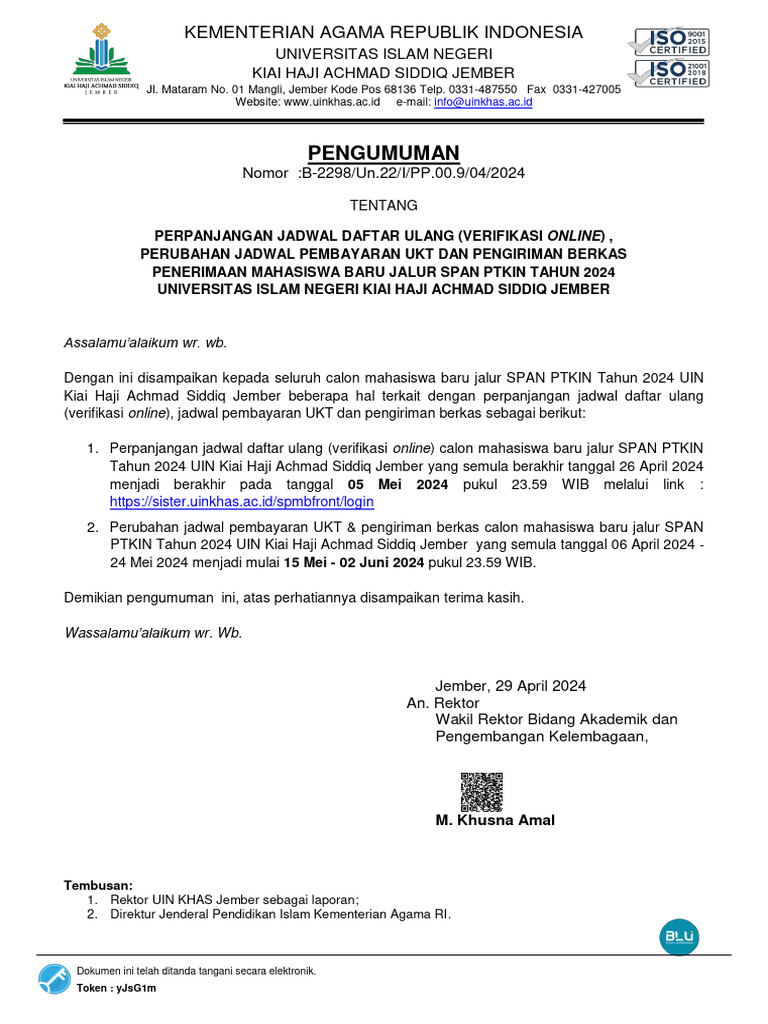 Pengumuman Perpanjangan Daftar Ulang Span Ptkin 2024 | PDF