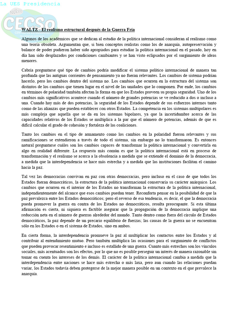 Waltz - El Realismo Estructural Después de La Guerra Fría | Descargar ...