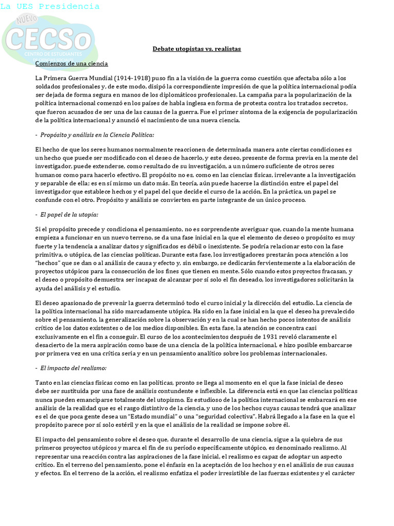 Carr - Debate Utopistas Vs Realistas | PDF | Pensamiento | Teoría