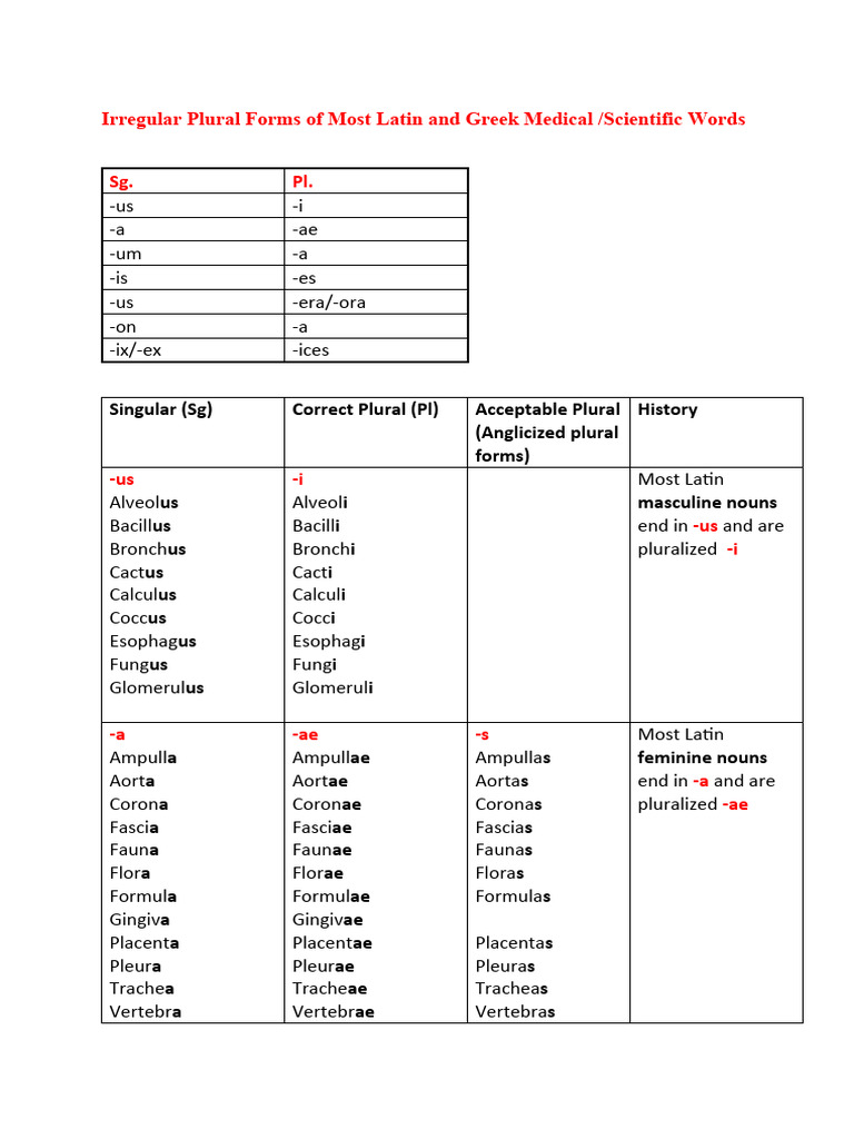 SG PL Irregular Latin Greek | PDF | Foreign Language Studies | Science ...