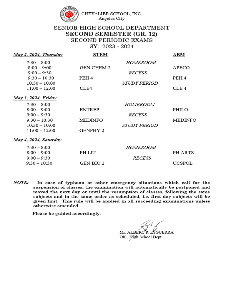 Grade 12 Exam Schedule | PDF