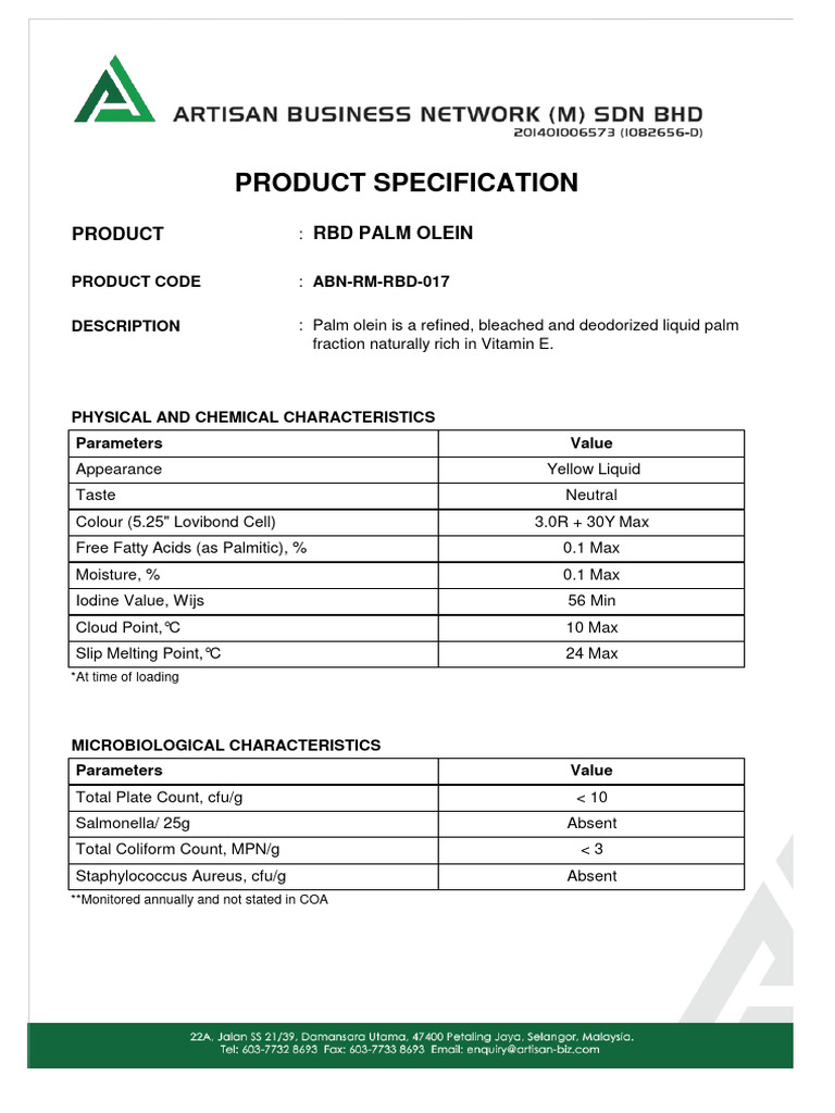 RBD Palm Olein (Abn-Rm-Rbd-017) - (CP10) | PDF | Palm Oil | Chemical ...