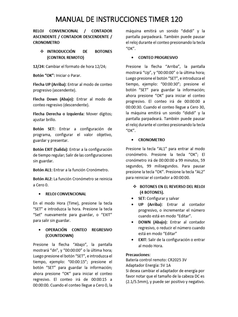 Manual de Instrucciones Reloj Cronometro Mesa de Carga | PDF | Reloj ...