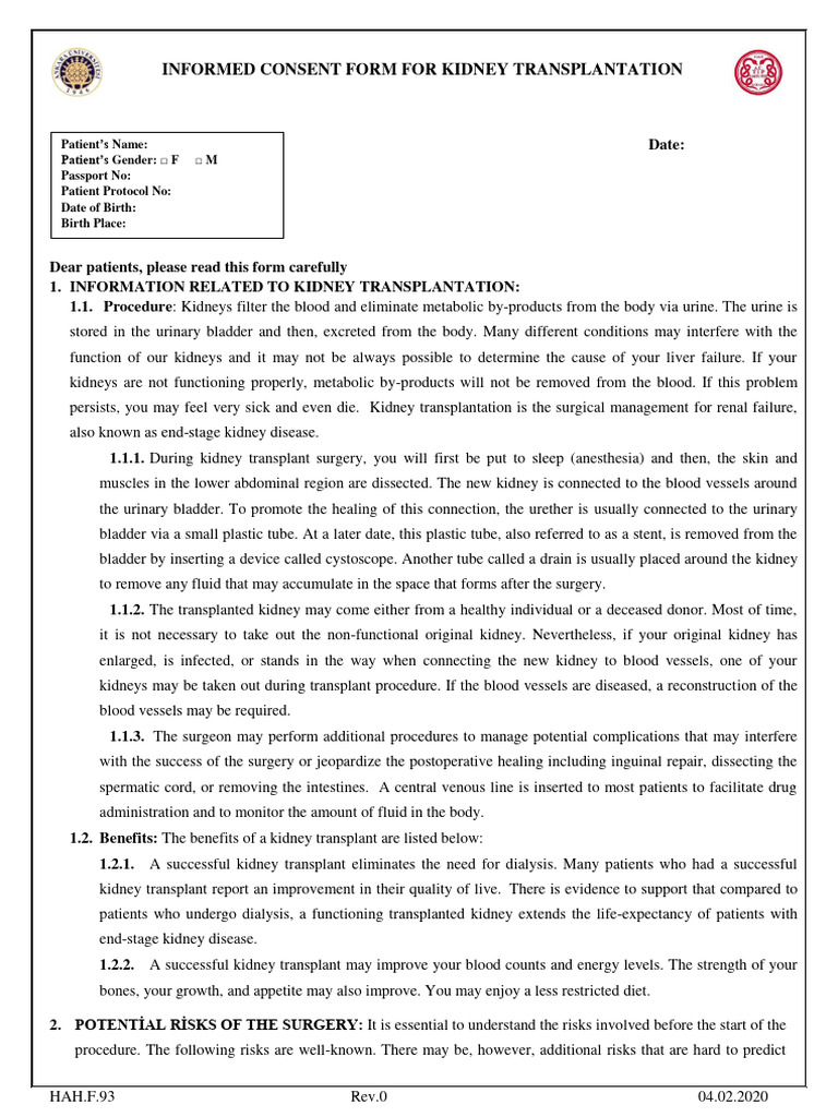 Informed Consent Form For Kidney Transplantation | PDF | Kidney Transplantation | Organ Donation