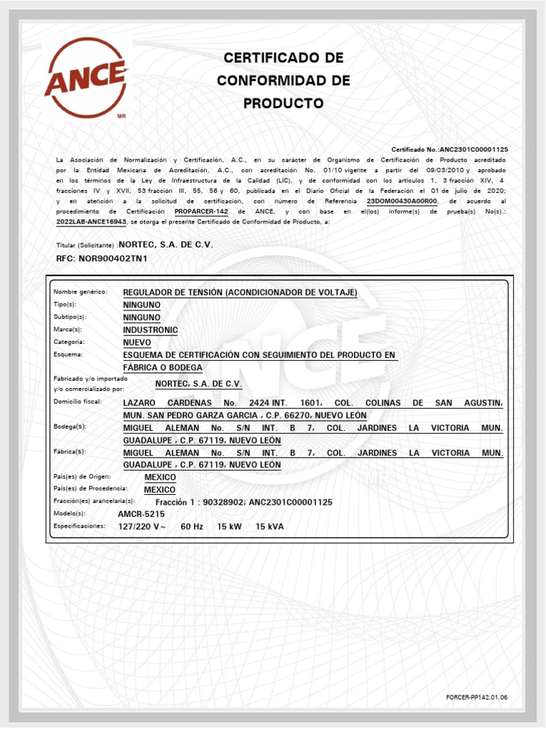Certificado de Conformidad ANCE 2023 | PDF
