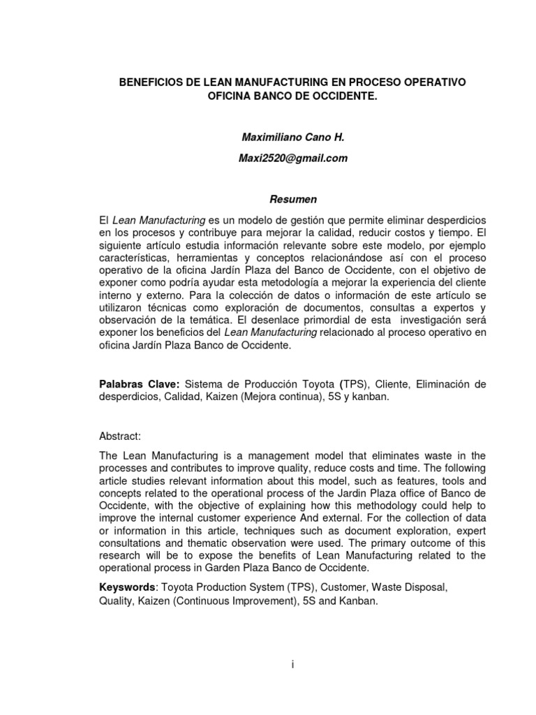 Beneficios de Lean Manufacturing en Proceso Operativo Oficina Banco de ...