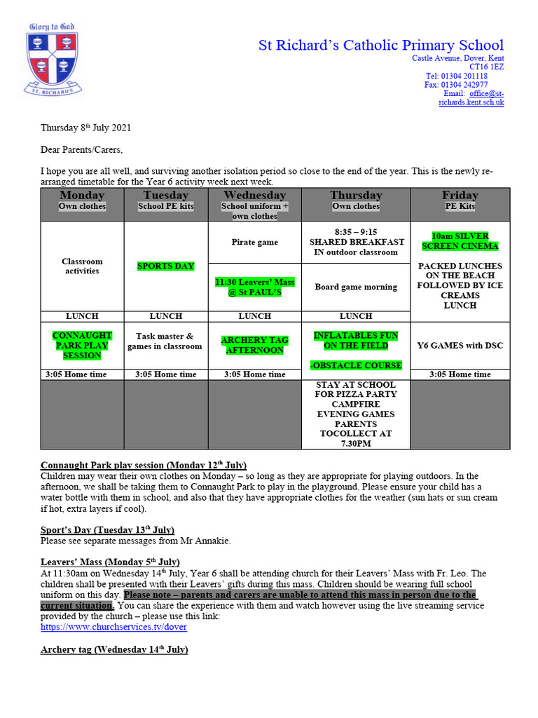 Y6 Activity Week Letter to Parents Updated for 12.07.21 | PDF