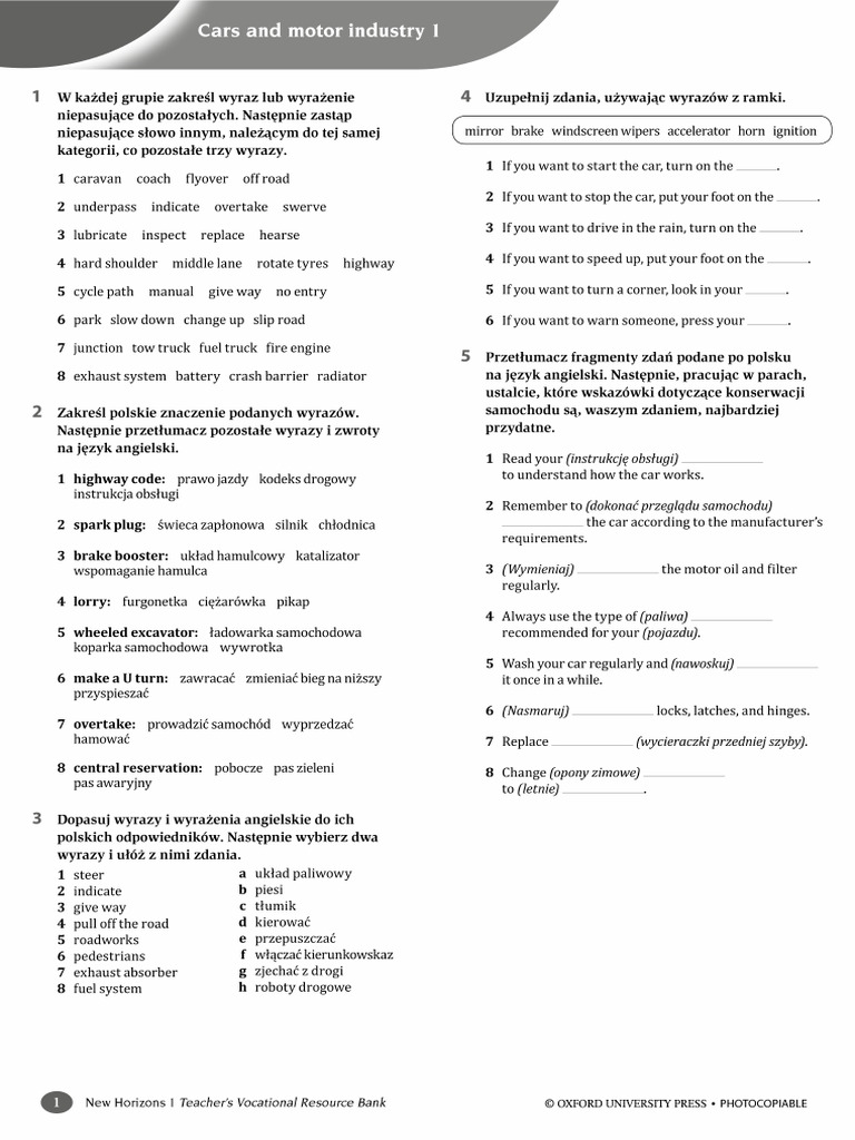 Level1 Cars and Motor Industry Worksheets | PDF
