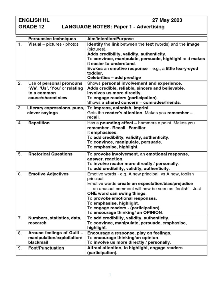 Paper 1 - Visual Literacy - Advertising - Notes - Examples | PDF ...