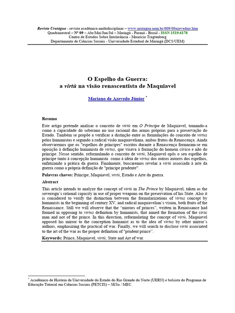 O Espelho Da Guerra A Virtù Na Visão Renascentista de Maquiavel | PDF | O Príncipe | Nicolau ...
