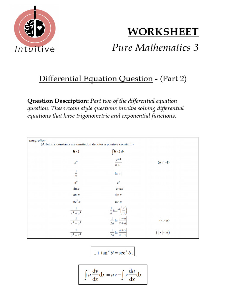 Differential Equations Worksheet Part 2 | PDF