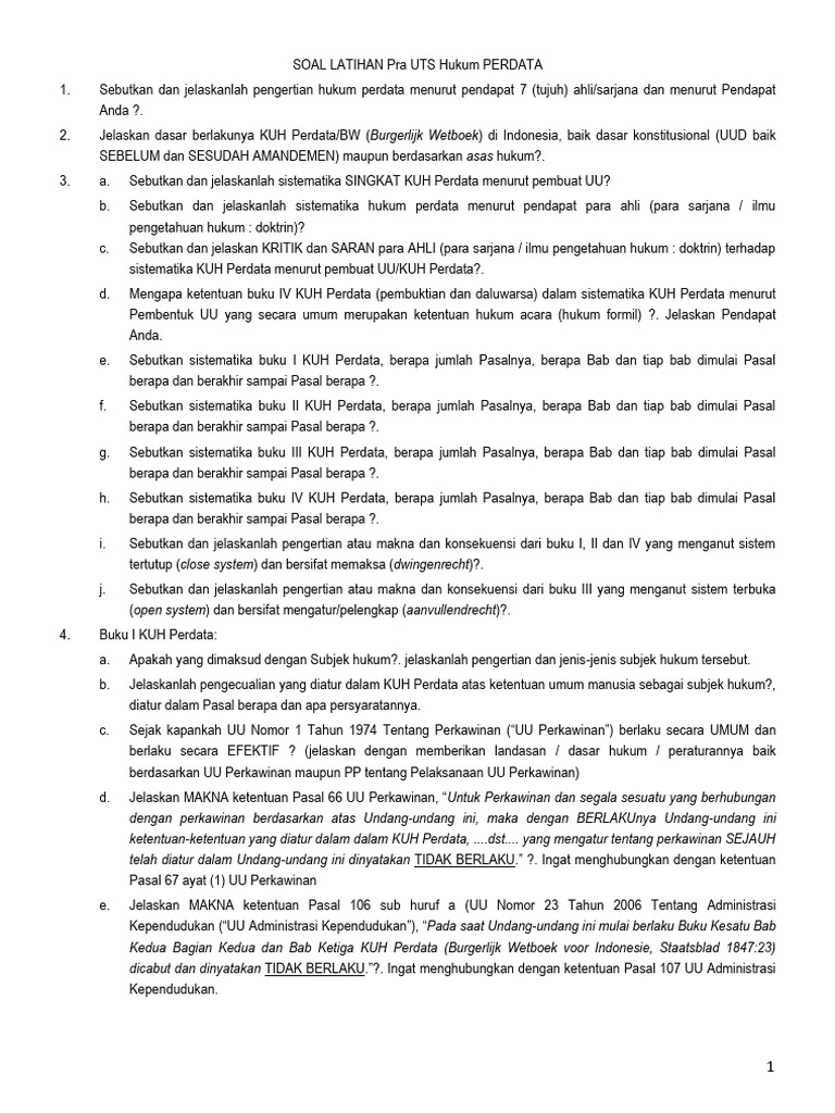 Latihan Pra UTS - HKM PERDATA-23+24 | PDF