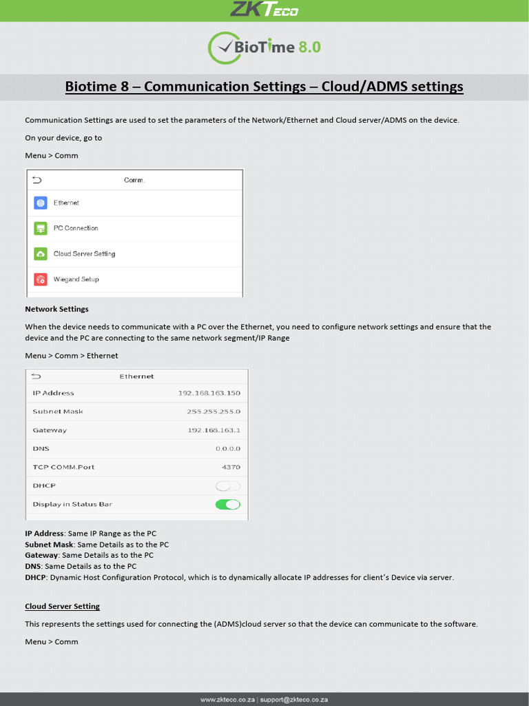 Biotime 8 - Communication Settings - Cloud or ADMS Settings | PDF
