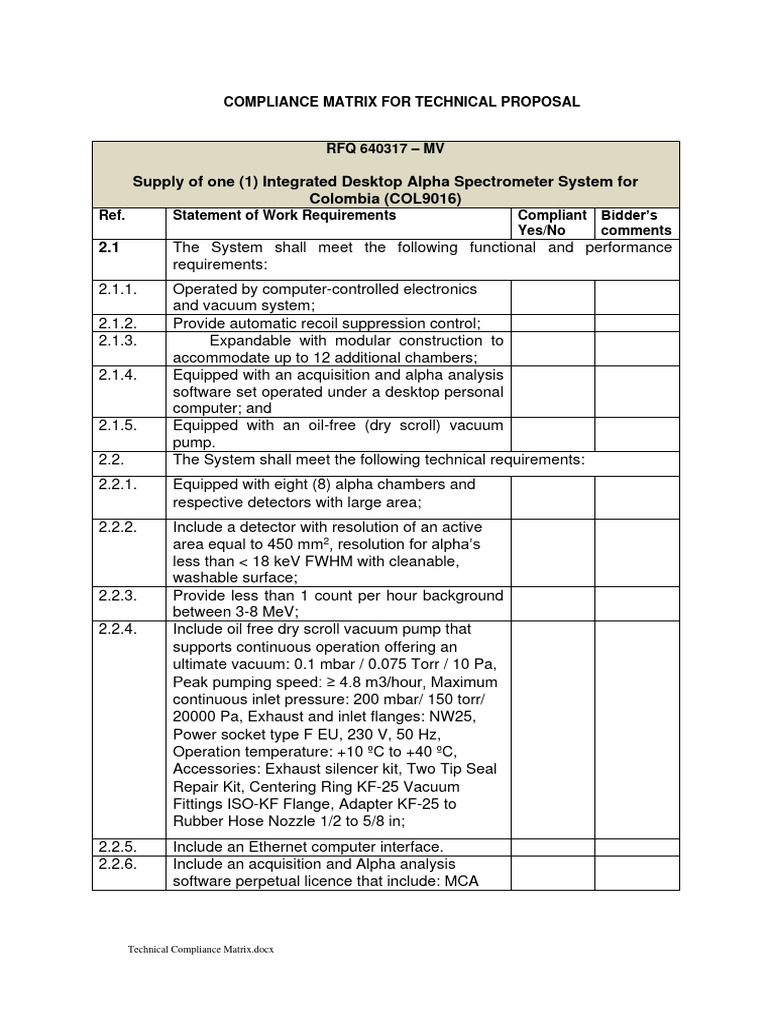 Technical Compliance Matrix for Alpha Spectrometer | PDF | Computers ...