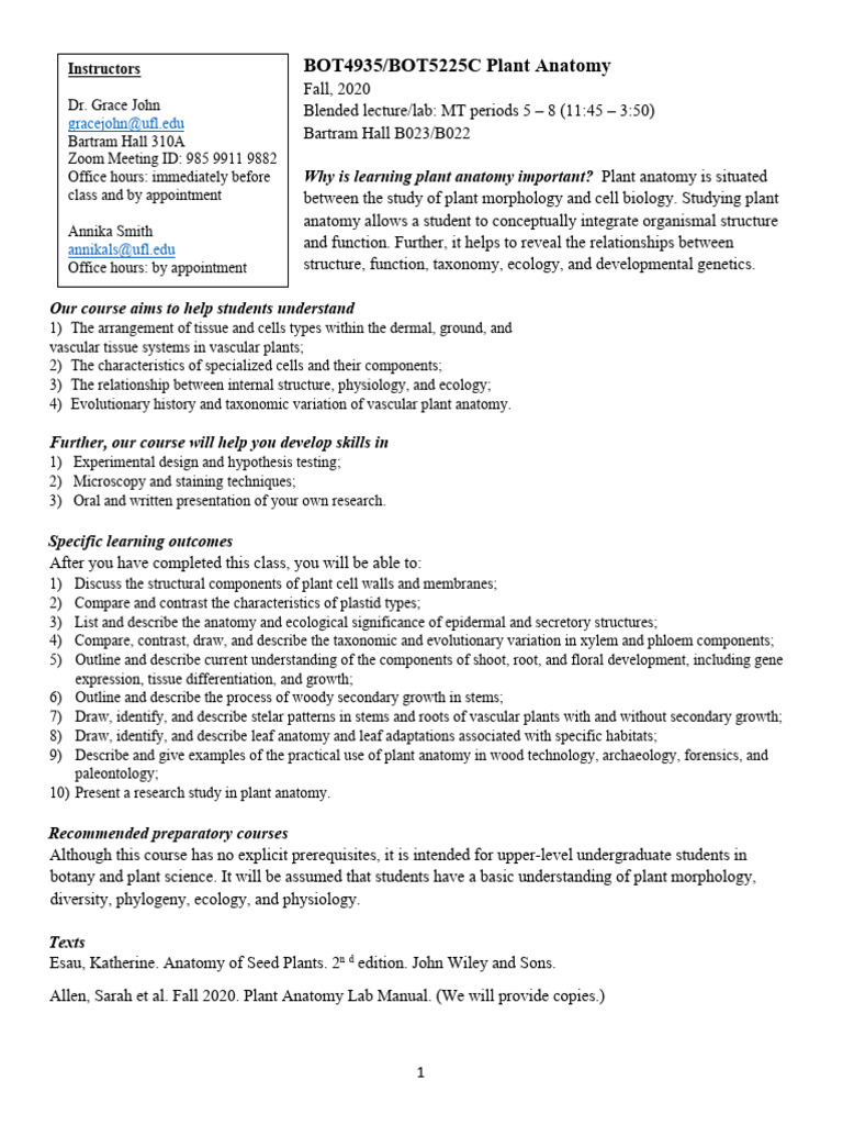 Plant Anatomy Course Overview 2020 | PDF | Plant Stem | Tissue (Biology)