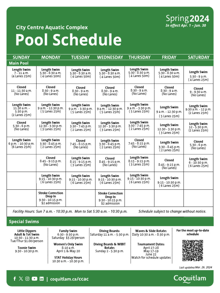 CCAC Pool Schedule - Spring 2024 | PDF | Home & Garden