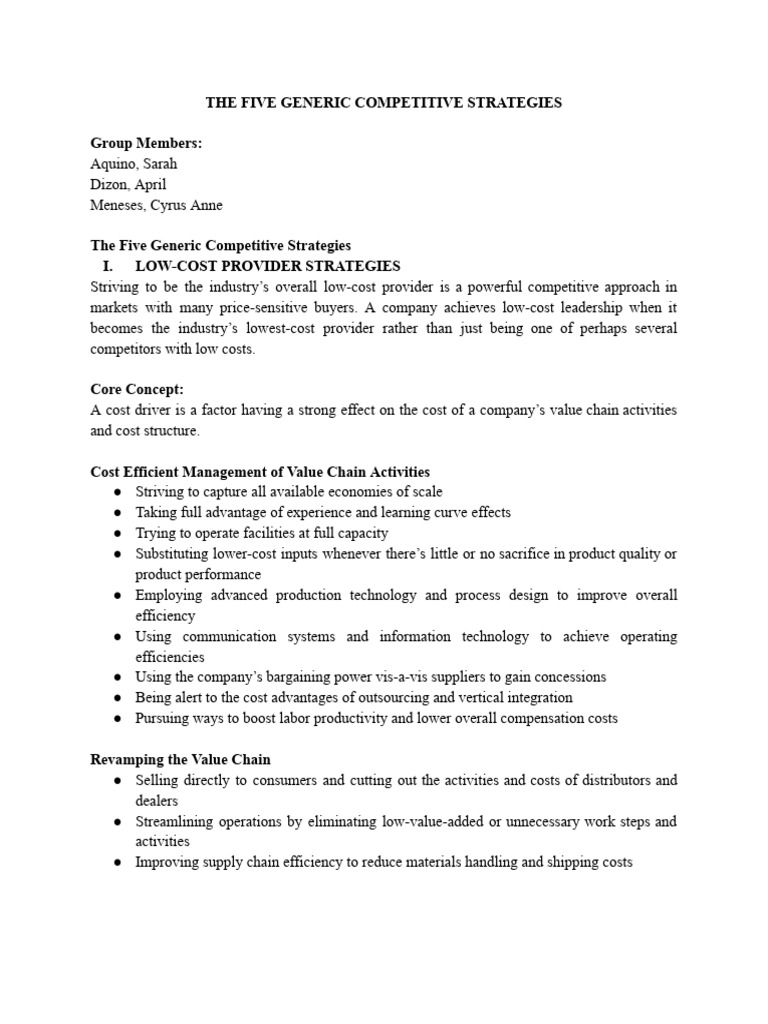 V. Five Generic Competitive Strategies Cost Efficient Management and ...