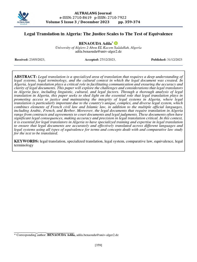 Legal Translation in Algeria: The Justice Scales To The Test of ...