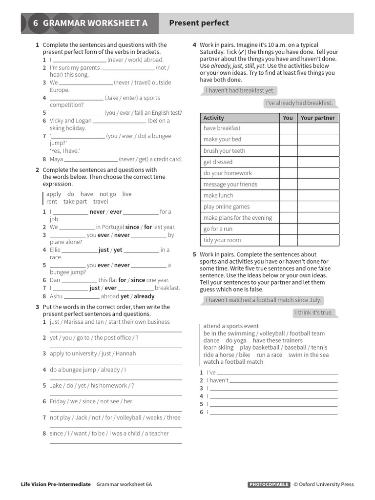 Life Vision Pre-Int Gram Worksheet A U6 | PDF | Linguistics | Grammar