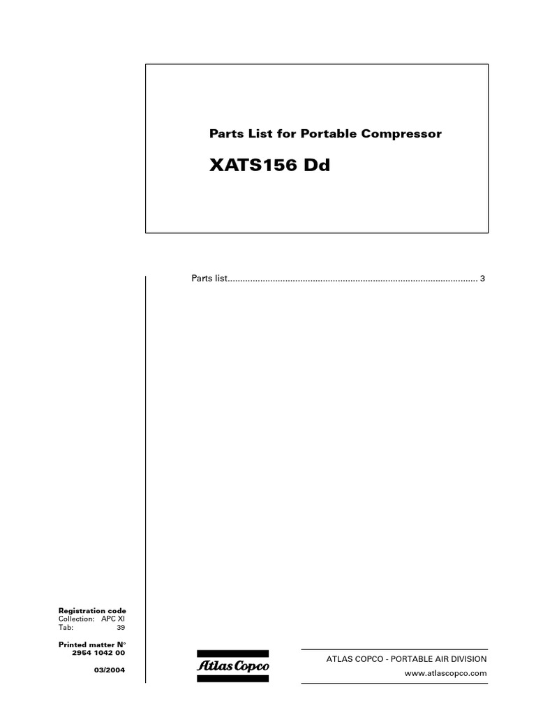 Dokumen - Tips Xats 156 DD Ed 0304parts List For Portable Compressor Atlas Copco | PDF | Screw ...