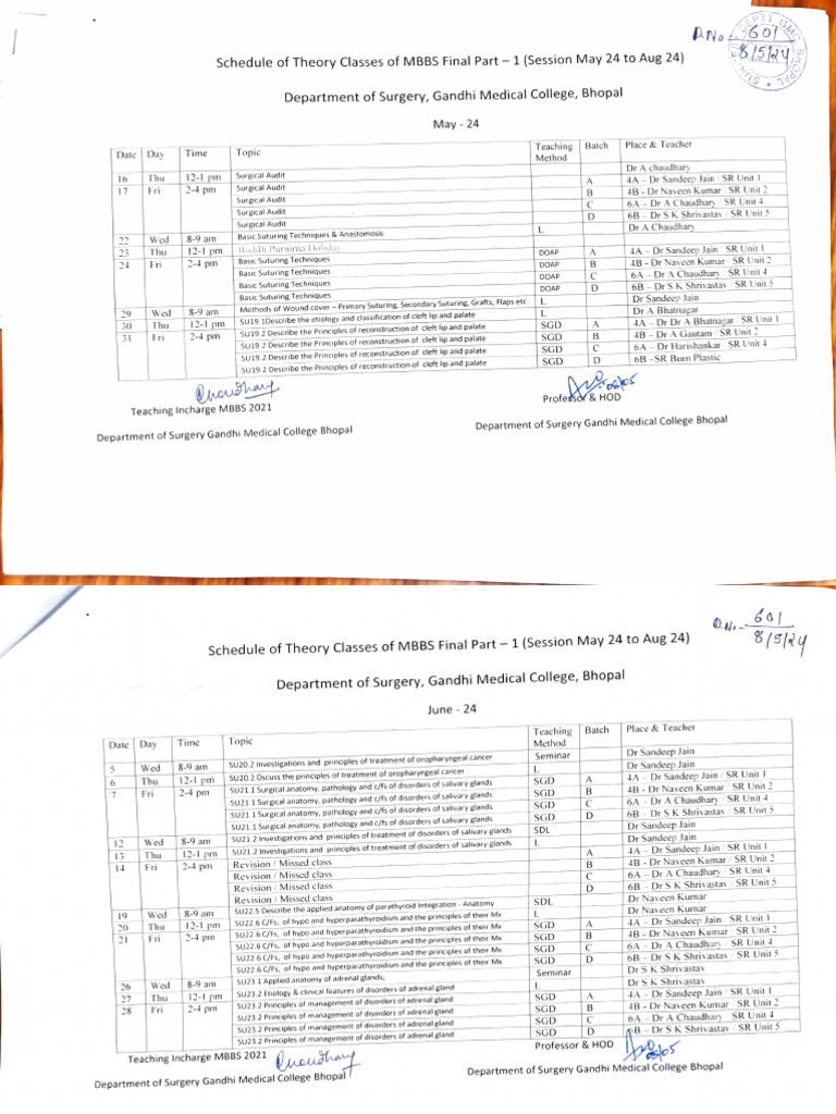 Schedule of Mbbs Final Part-1 May 24 To Aug 24 | PDF | Medical ...