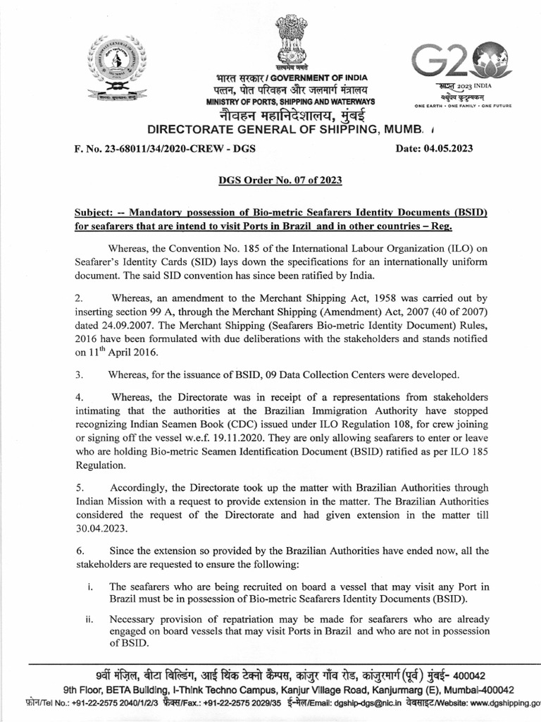 DGS Order No.7 of 2023 - Mandatory Possession of Bio-Metric Seafarers ...