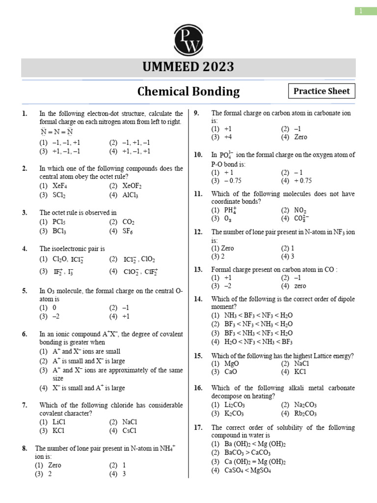CHEMICAL BONDING - Practice Sheet - Ummeed 2023 | PDF | Molecular ...