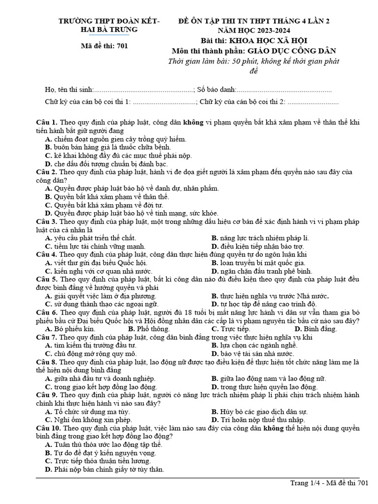 GDCD 12. MÃ ĐỀ 701 | PDF
