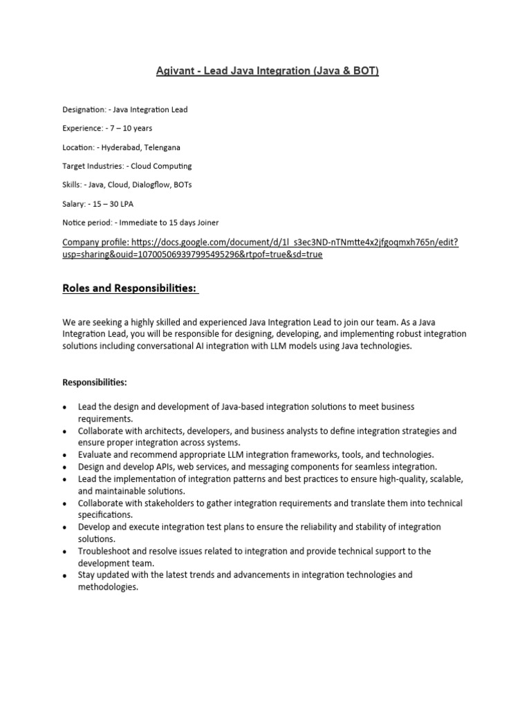 Agivant - Java Lead - JD | PDF | Java (Programming Language) | Cloud Computing