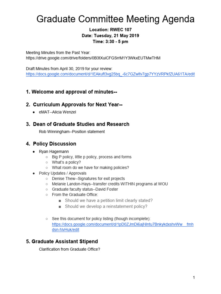 Graduate Committee Meeting Agenda | PDF | United States Senate | Committee