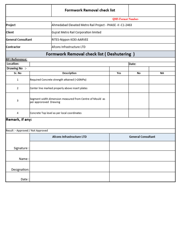 Formwork Removal Checklist for Metro Project | PDF | Concrete ...