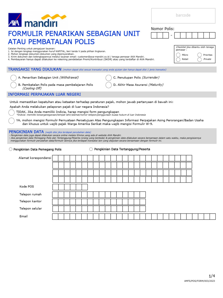 Formulir Penarikan Sebagian Unit Dan Pembatalan Polis | PDF
