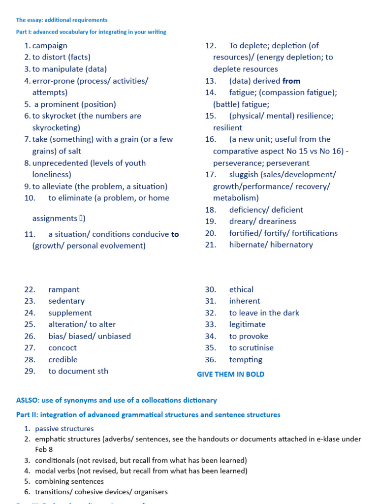 The Essay ADDITIONAL REQUIREMENTS Word List Grammatical Structures To ...