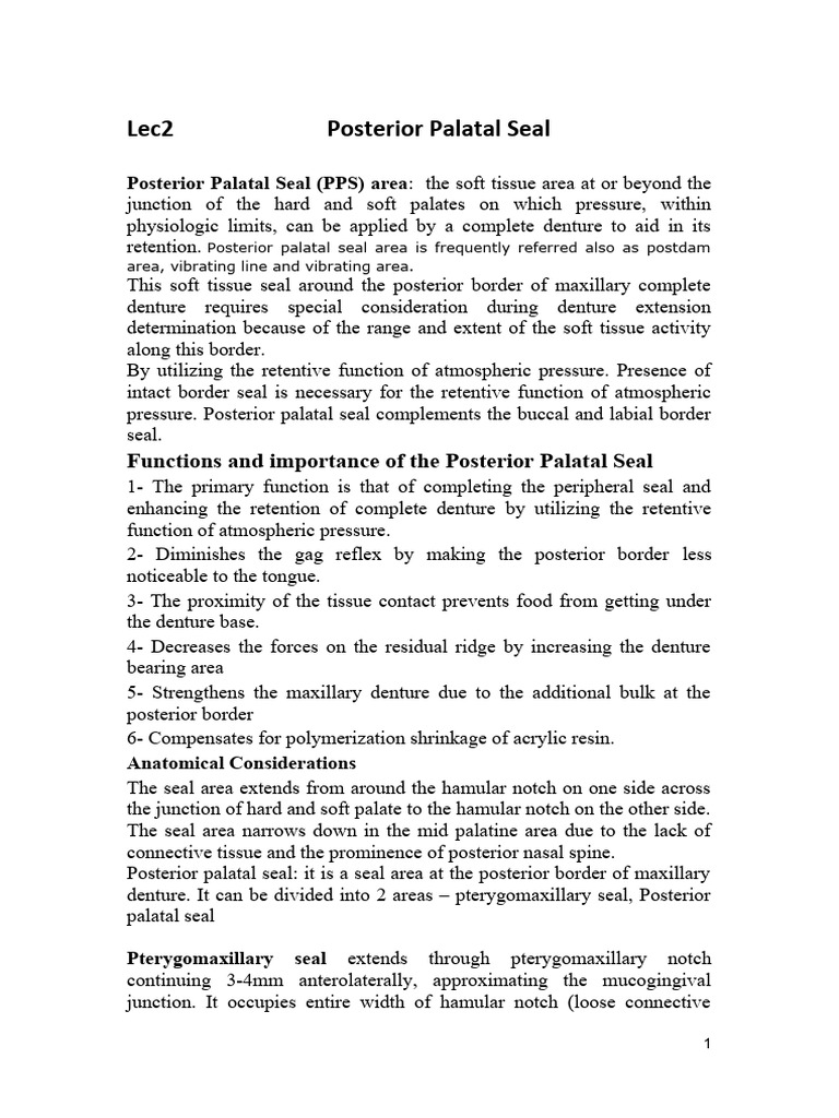 Lec 2 Posterior Palatal Seal | PDF | Dentures | Anatomy