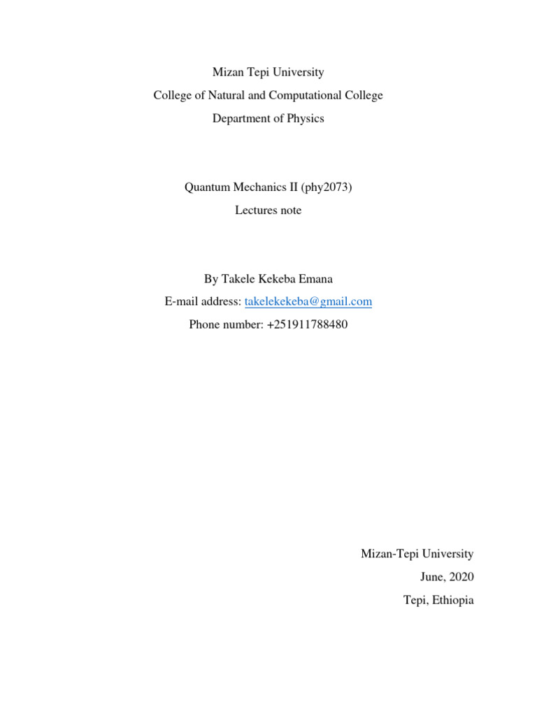 Quantum Mechanic II Lectures Note | PDF | Wave Function | Spin (Physics)