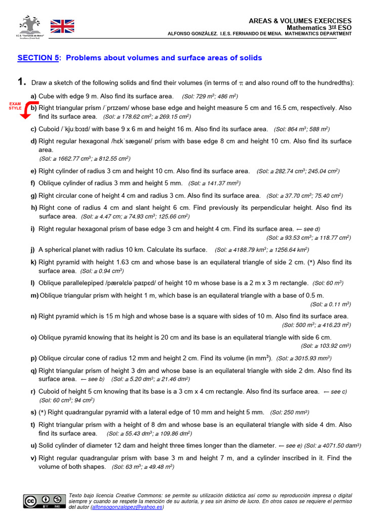 Volume and Surface Area Exercises | PDF | Area | Volume