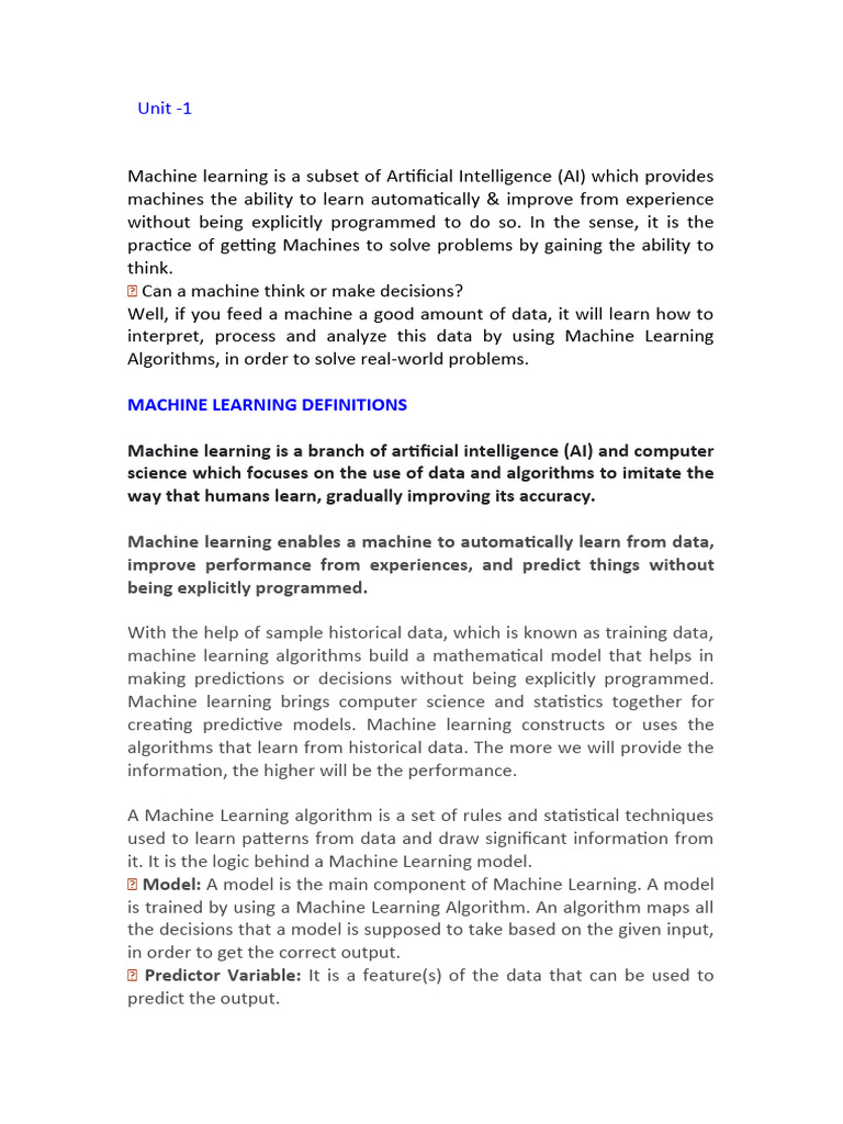 Unit 1 | PDF | Receiver Operating Characteristic | Machine Learning