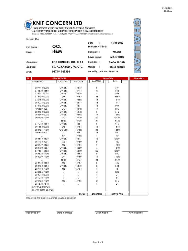 Finished Garments Dispatch Challan | PDF