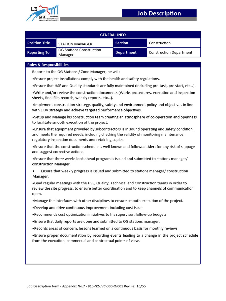 OG job description - Station Manager | PDF | Safety