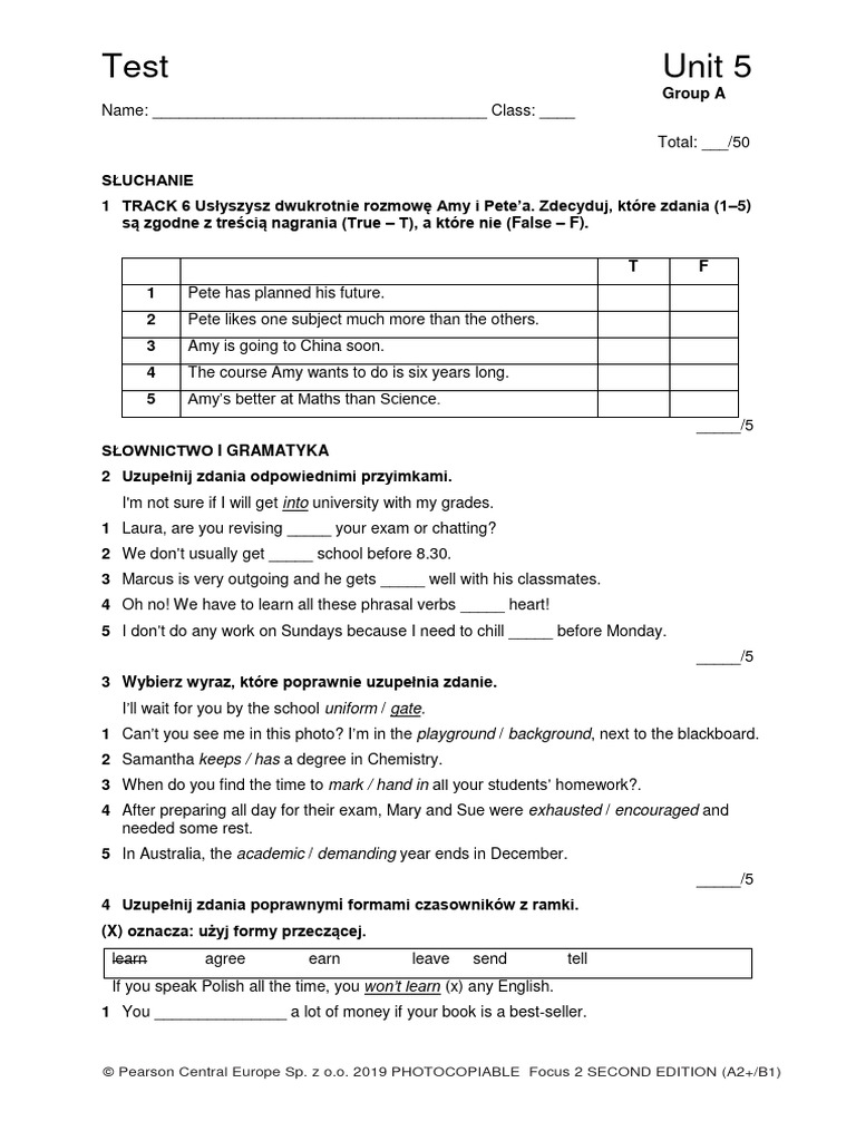 Focus 2 2ed Test Unit5 GroupA 1kol | PDF