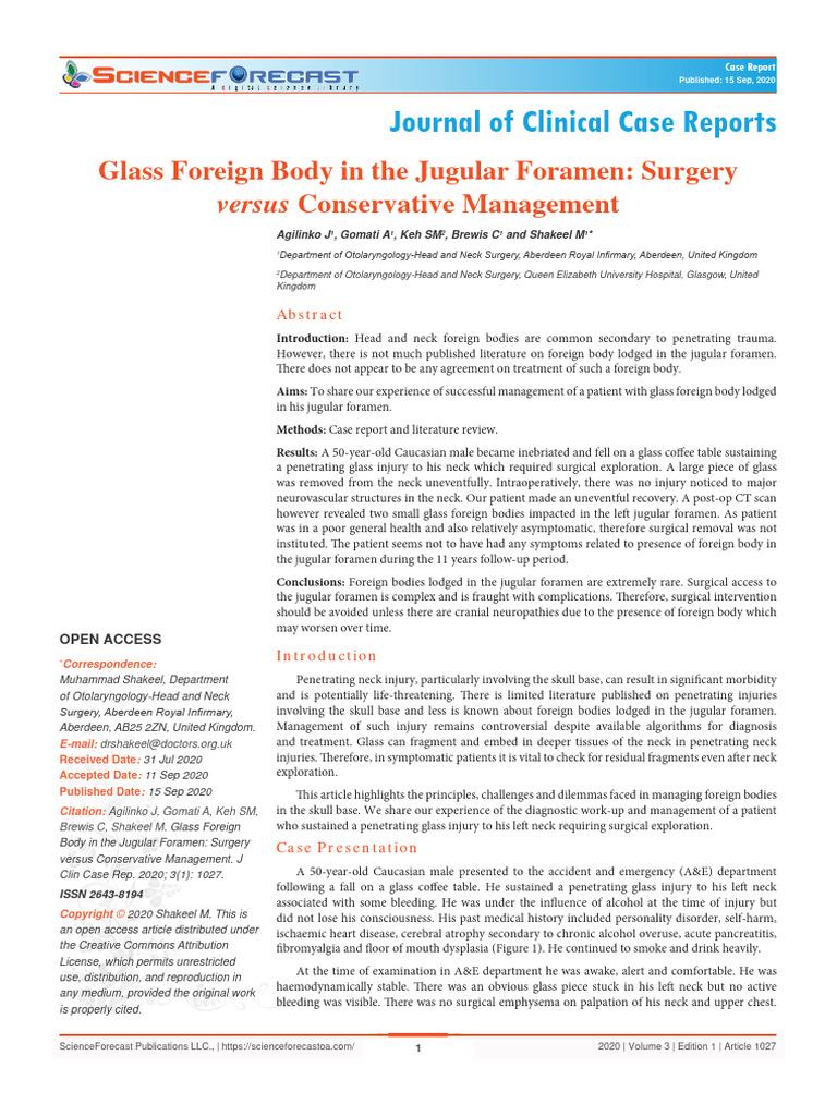 Glass Foreign Body in The Jugular Foramen Surgery Versus Conservative ...
