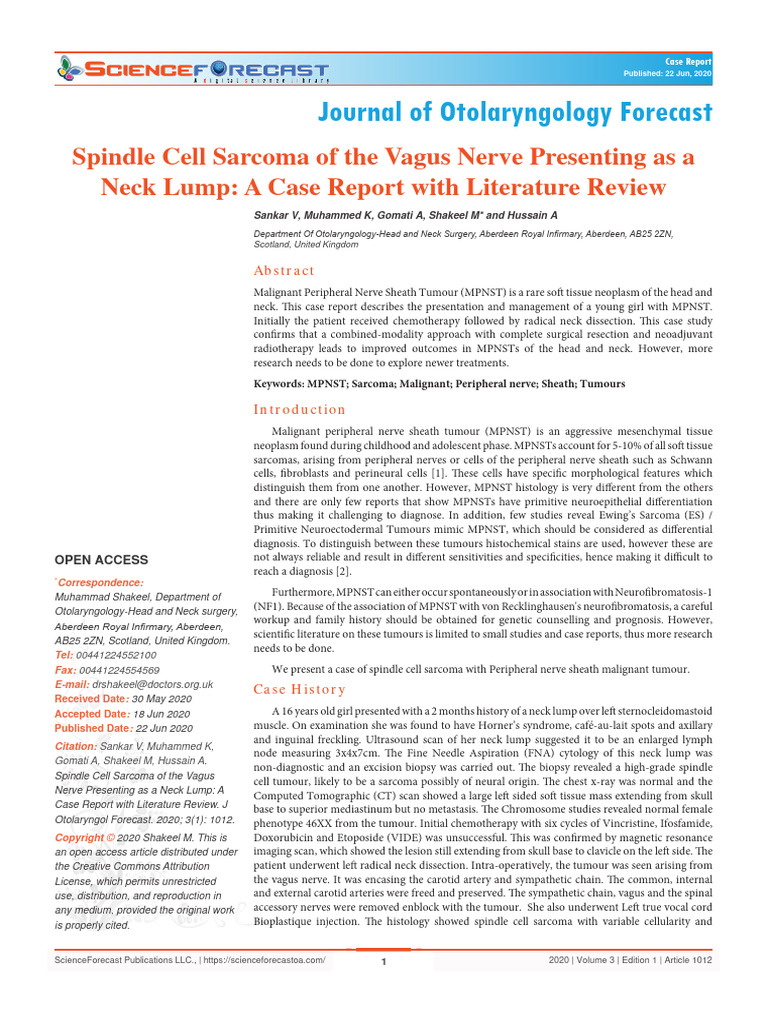 Spindle Cell Sarcoma of The Vagus Nerve Presenting As A Neck Lump ...