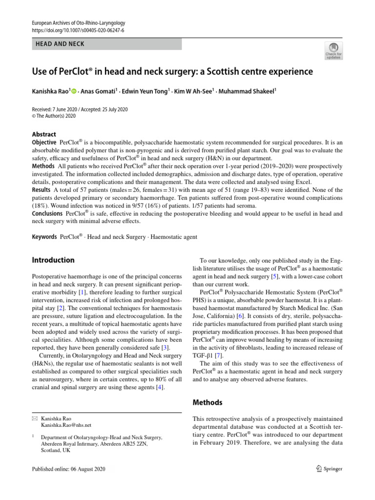 Use of PerClot in Head and Neck Surgery A Scottish Centre Experience ...