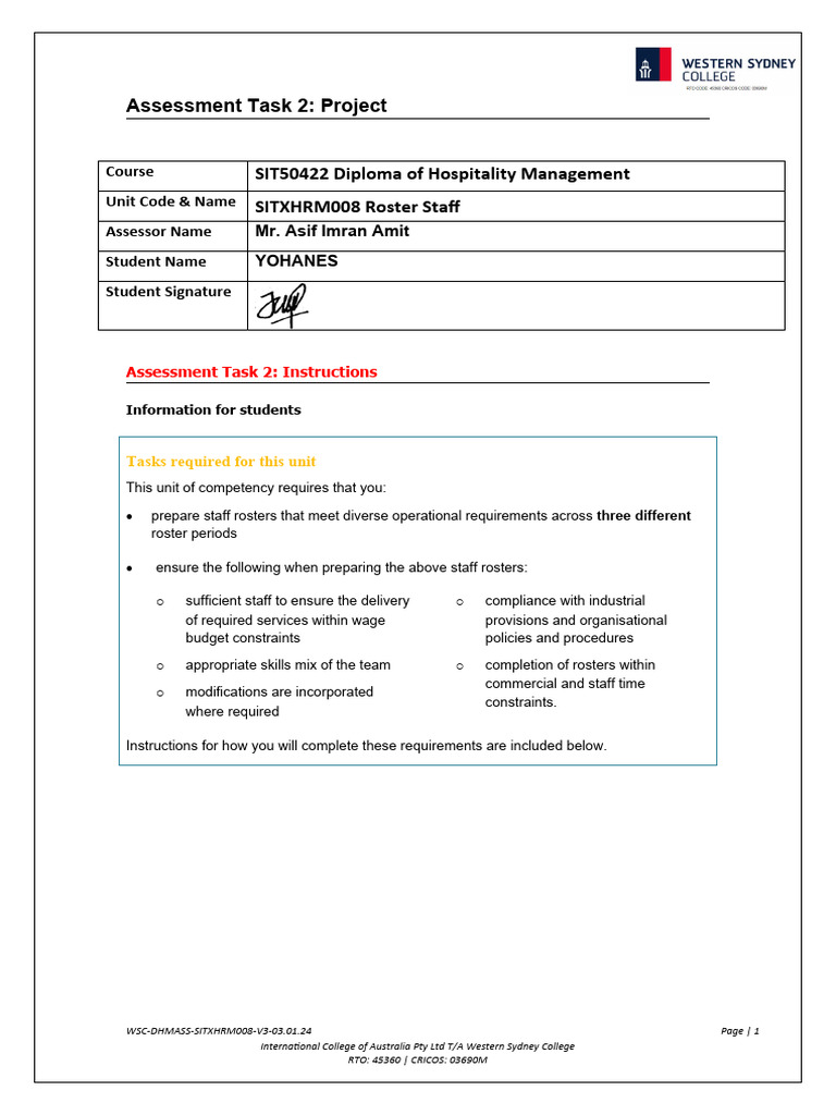 SITXHRM008 Staff Roster Project Guide | PDF | Information