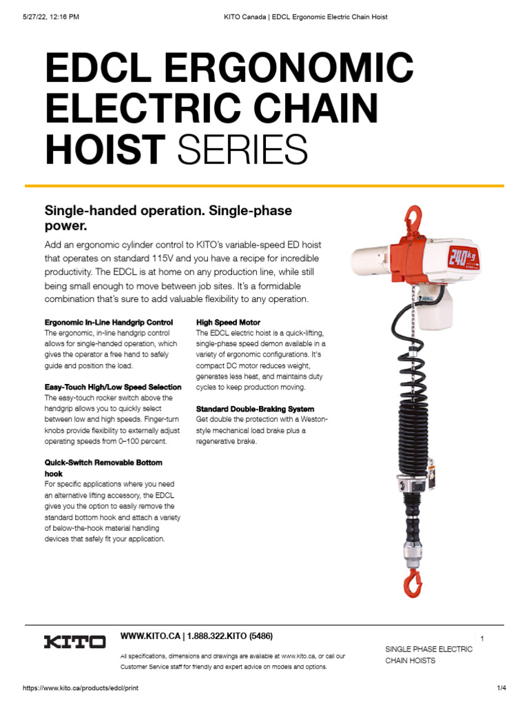 KITO Canada - EDCL Ergonomic Electric Chain Hoist | PDF | Elevator | Electric Motor