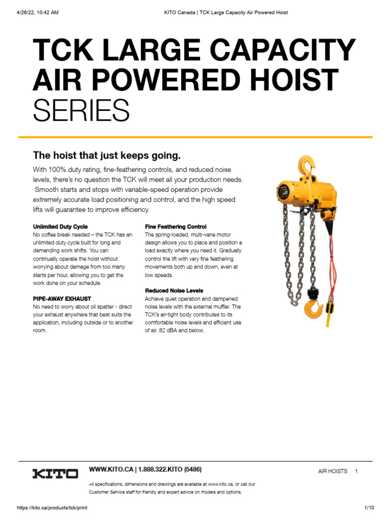 KITO Canada - TCK Large Capacity Air Powered Hoist | PDF | Elevator | Manufactured Goods