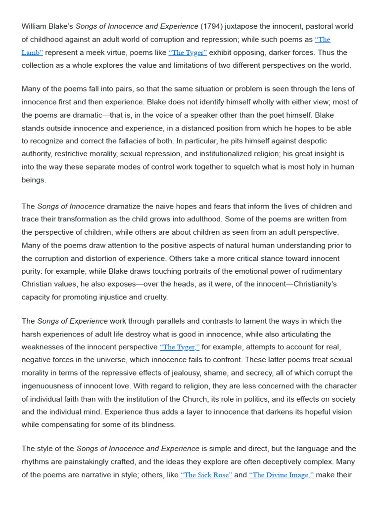 Songs of Innocence and Experience - Masternote | PDF | Romanticism ...