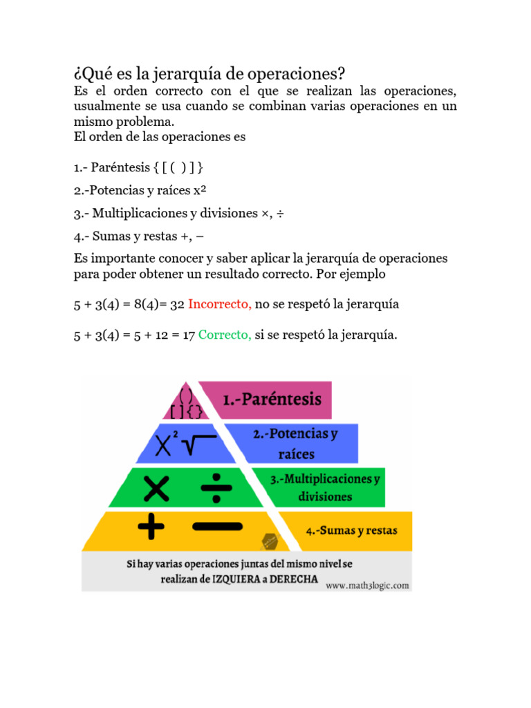Qué Es La Jerarquía de Operaciones | PDF | Multiplicación | Matemáticas
