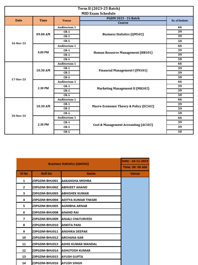 PGDM 2023-25 Midterm Exam Schedule | PDF