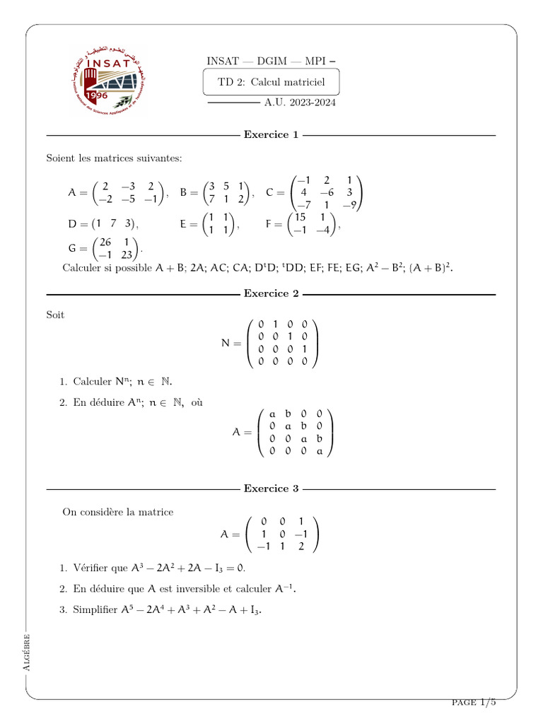 Série 2algébre Matrices | PDF | Matrice (Mathématiques) | Mathématiques